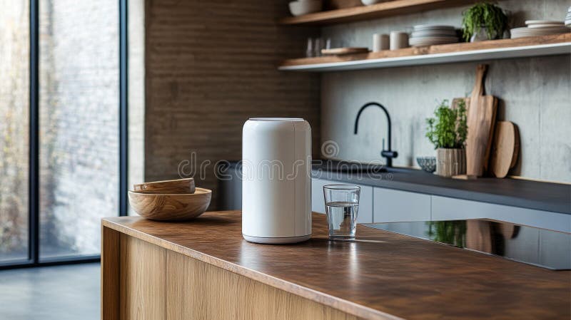 White Cylindrical Water Filter on Modern Kitchen Counter Stock ...