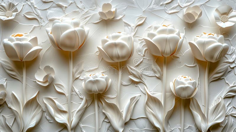 White 3D Embossed Floral Pattern with Roses and Leaves on a Textured ...