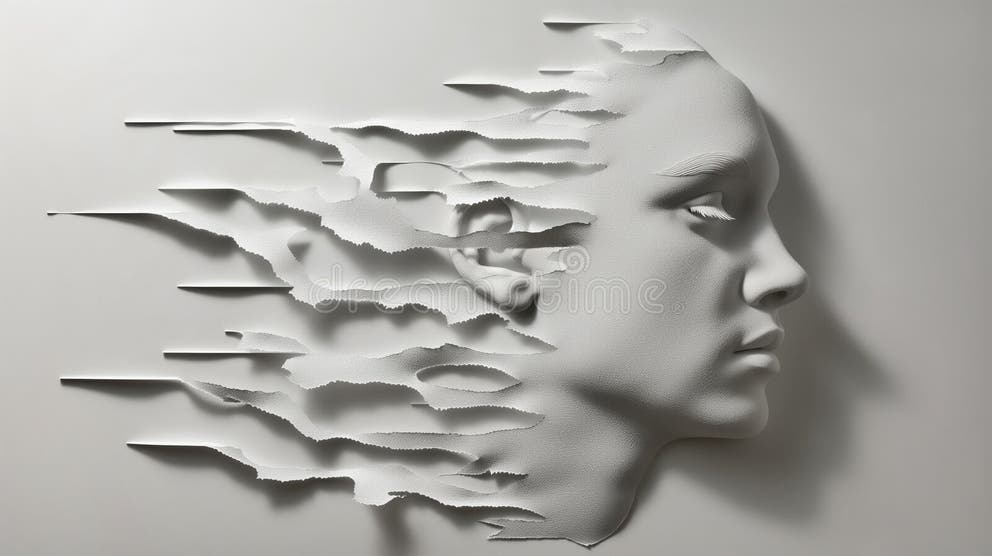 White 3D Face Sculpture, Featuring Multiple Layered Cutouts that Create ...