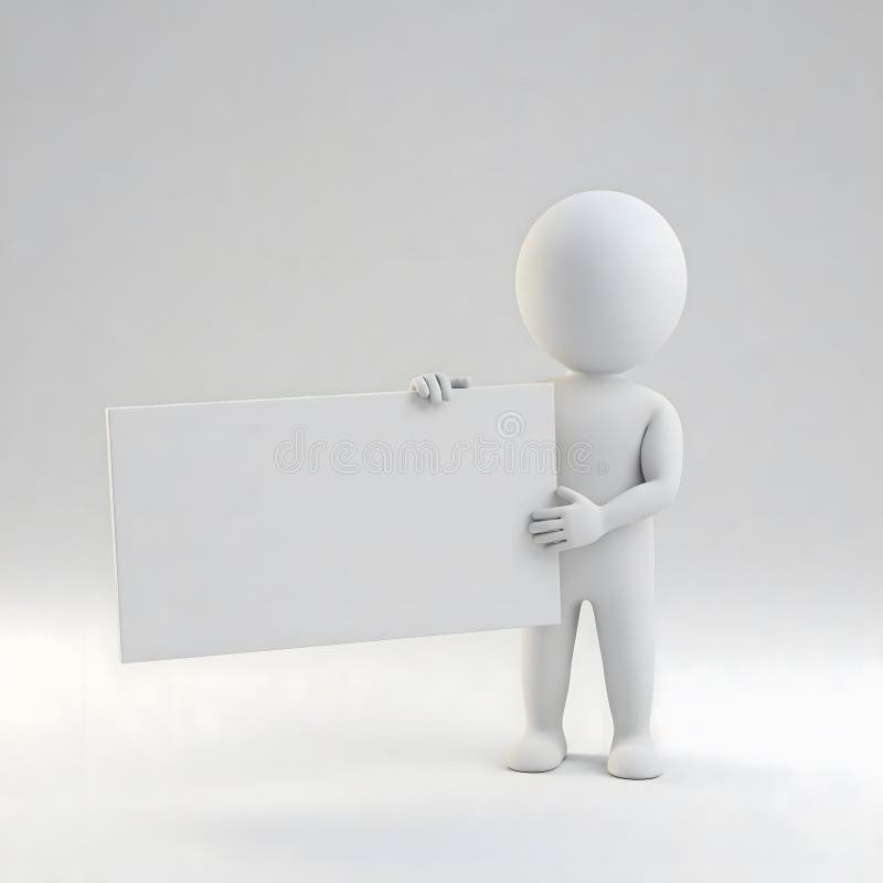 White 3D Figure Holds Blank Board for Message in White Mockup Scene ...