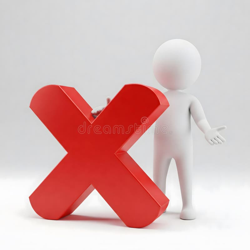 White 3D Figure Presents Large Red Cross Symbol of Negative Feedback ...