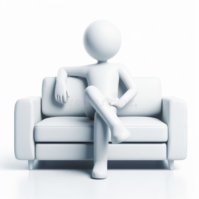 White 3D Figure Sitting on Sofa. Rest Time Stock Illustration ...