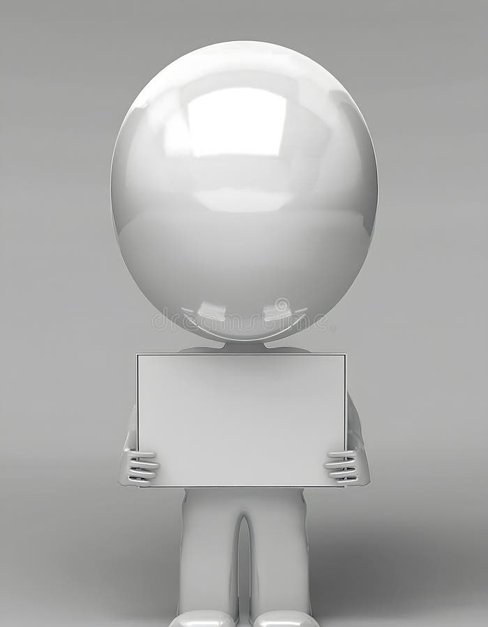 White 3D Figure with Sphere Head Holds Blank Sign in Grey Mockup ...