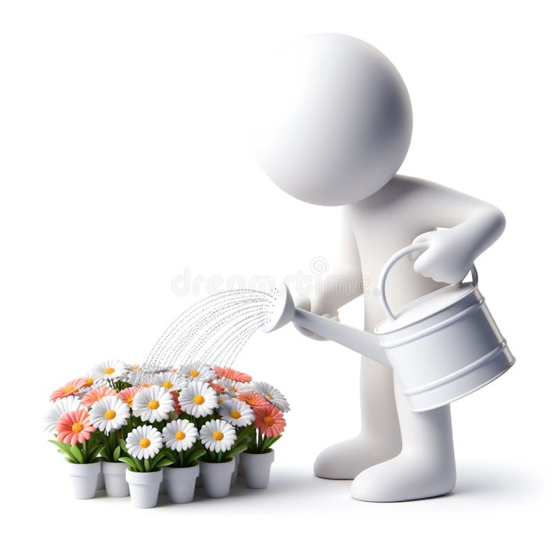 White 3D Figure Watering Flowers. Spring Time Stock Illustration ...