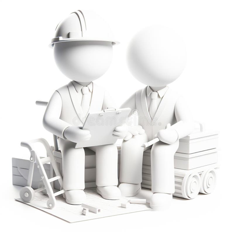 White 3D Figure Worker with Helmet on Head. Constructions and ...