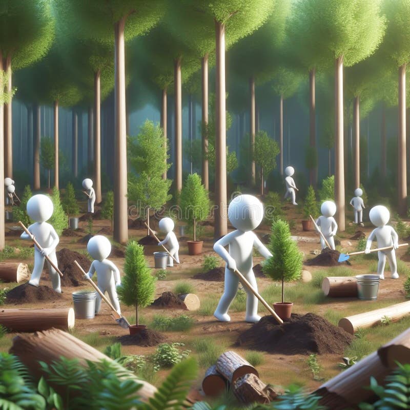 White 3D Figures Planting Trees in the Forest. Environment Concept ...