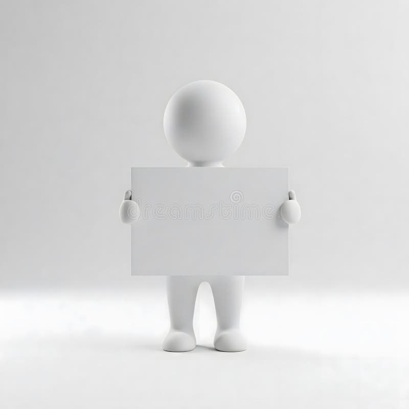 A White 3D Humanoid Figure Holding a Blank Rectangular Sign Stands ...
