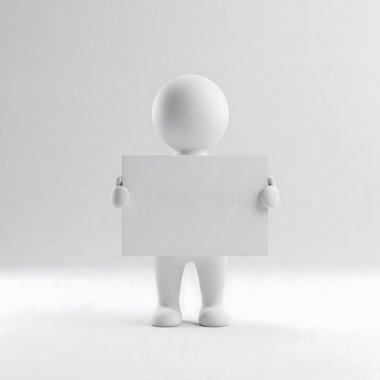 A White 3D Humanoid Figure Holding a Blank Rectangular Sign Stands ...