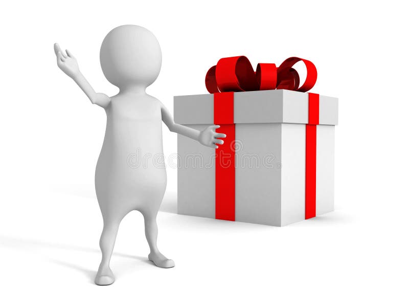 White 3d Man and Gift Box with Red Ribbon Bow Stock Illustration ...