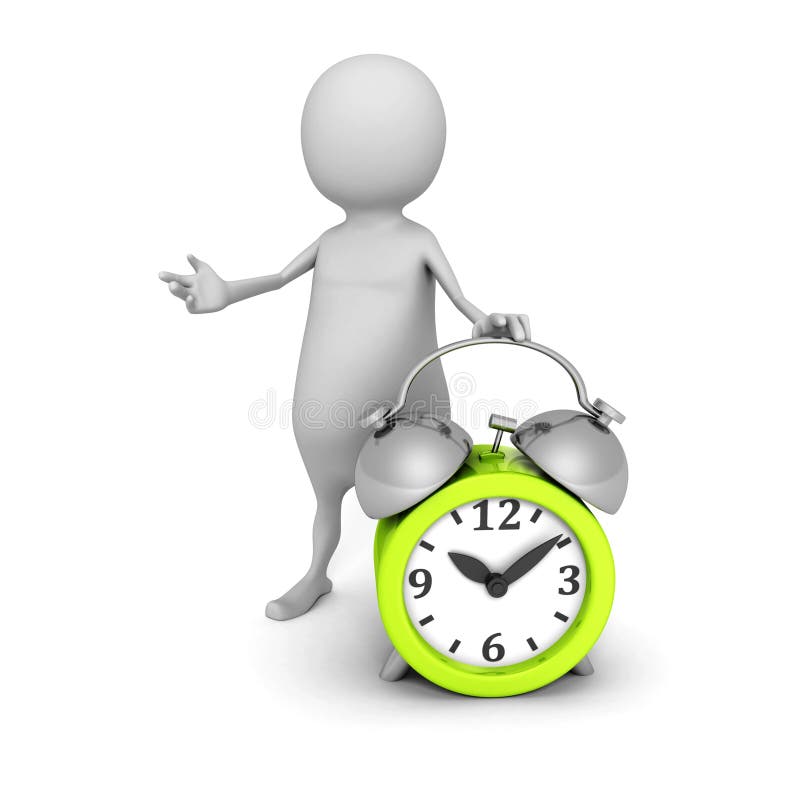 White 3d Person with Green Alarm Clock. Time Concept Stock Illustration ...