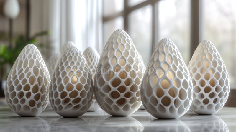 White 3D Printed Egg Shaped Objects with Intricate Latticework Designs ...