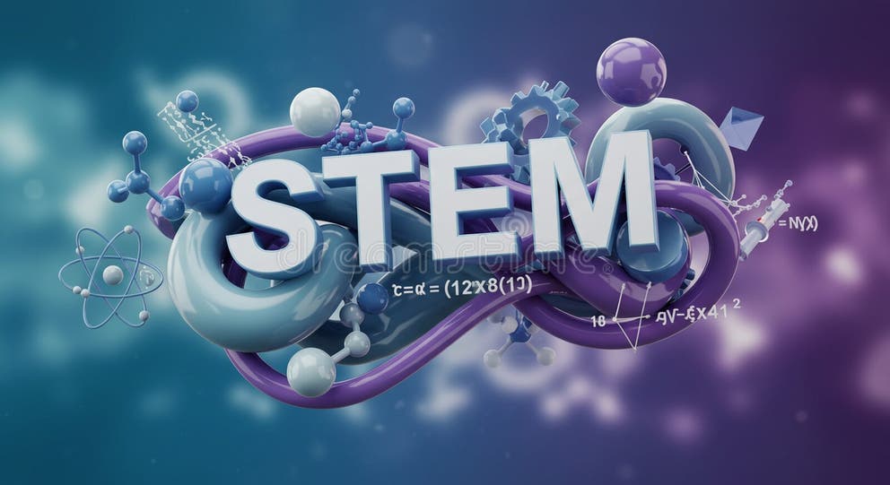 White 3D Text "STEM" Appears Prominently, Surrounded by Scientific and ...