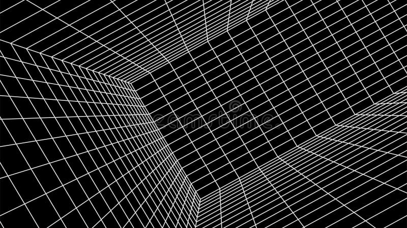 White 3d Wireframe Room on Black Background. Abstract Perspective Grid ...