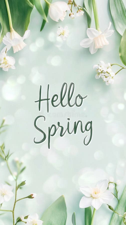 White Daffodils with Hello Spring Text on Light Background, Seasonal ...