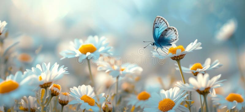 White Daisies and a Blue Butterfly Flying in the Sky Stock Image ...