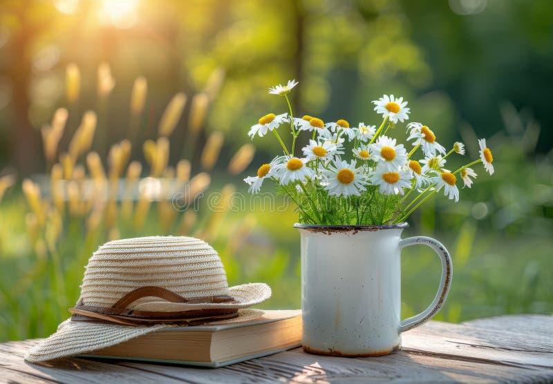 White Daisies in a Mug on a Stack of Books with a Straw Hat in a Sunny ...