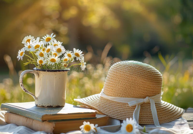 White Daisies in a Mug on a Stack of Books with a Straw Hat in a Sunny ...