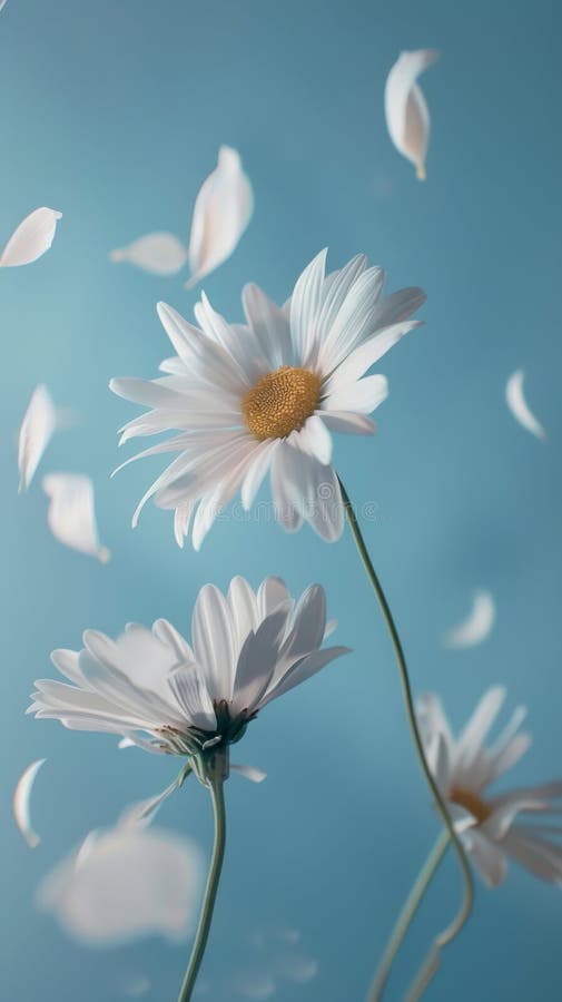 White Daisies with Petals Falling on Blue Background Stock Image ...
