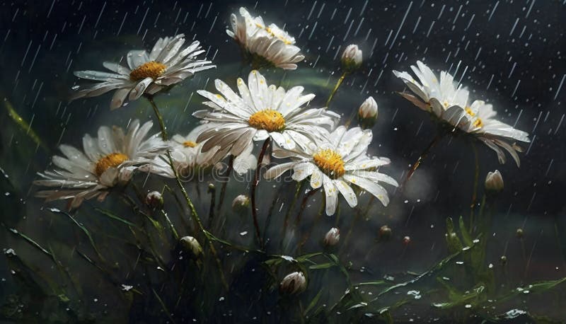 White Daisies in the Rain on a Rainy Day, Digital Painting Stock Image ...