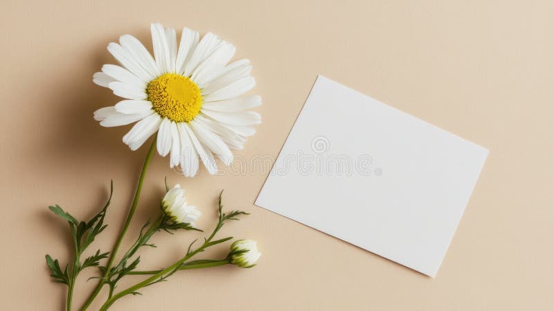 White Daisy with Delicate Petals beside a Blank Card on a Soft Beige ...