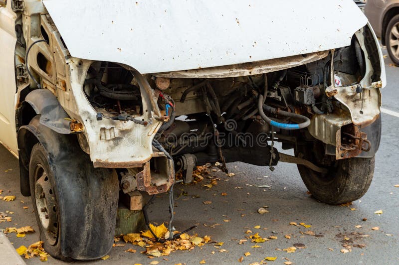 Damaged car without engine stock image. Image of reflection - 241730771
