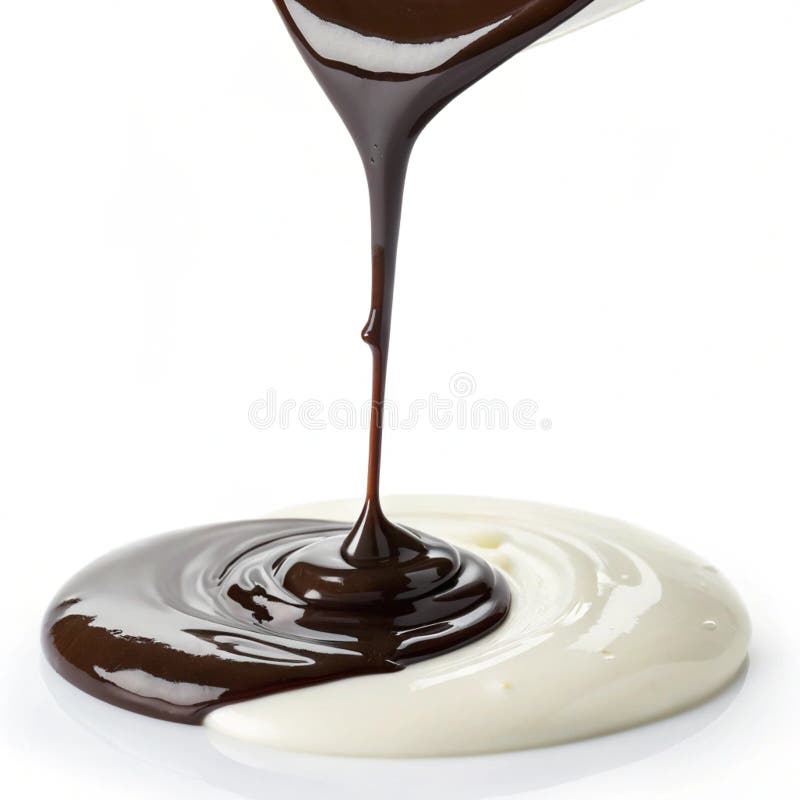 White and Dark Glossy Melted Chocolate Dripping Down Isolated on White ...