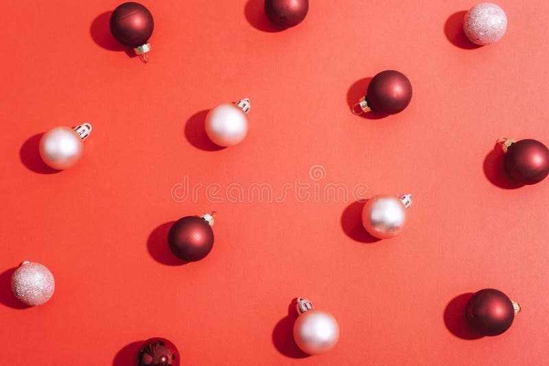 White and Dark Red Christmas Balls on Red Background, Texture Stock ...