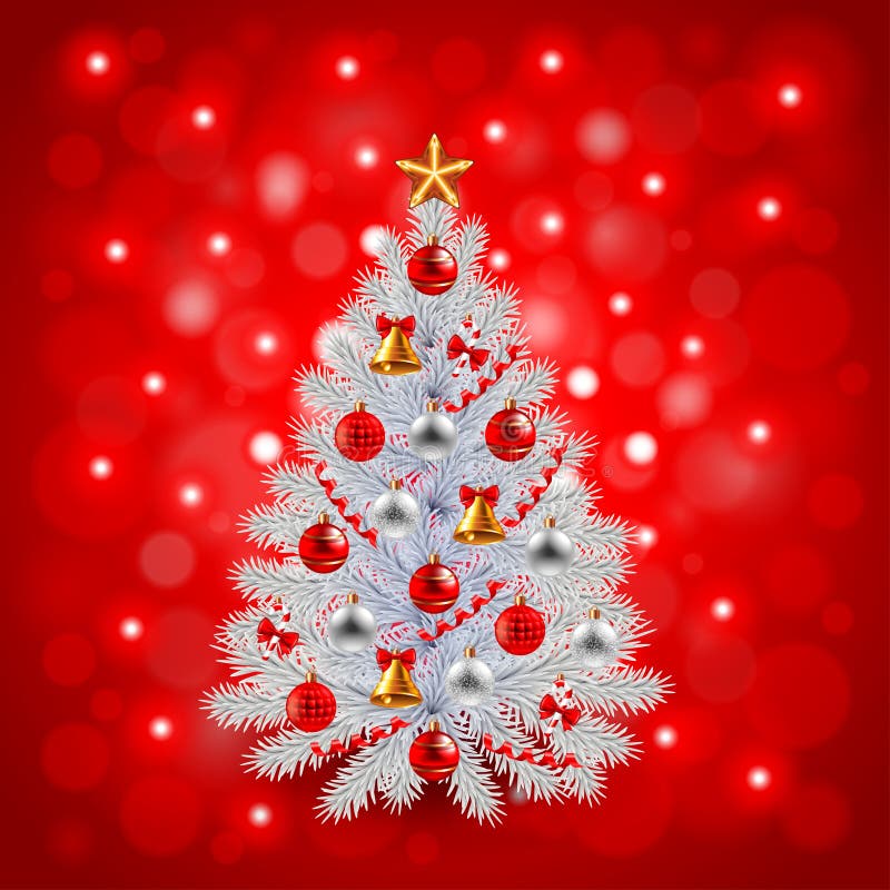 White Decorated Christmas Tree on Red Background Stock Vector ...