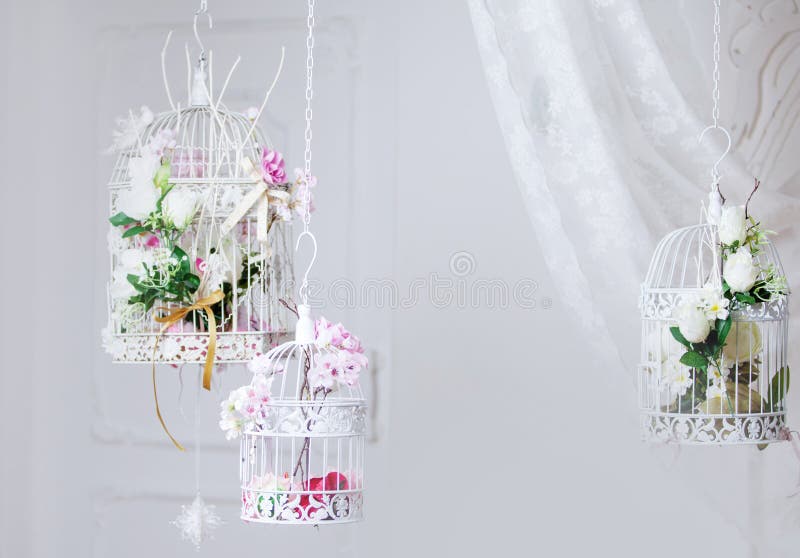 White Decorative Cage with Beautiful Flowers Stock Photo - Image of ...