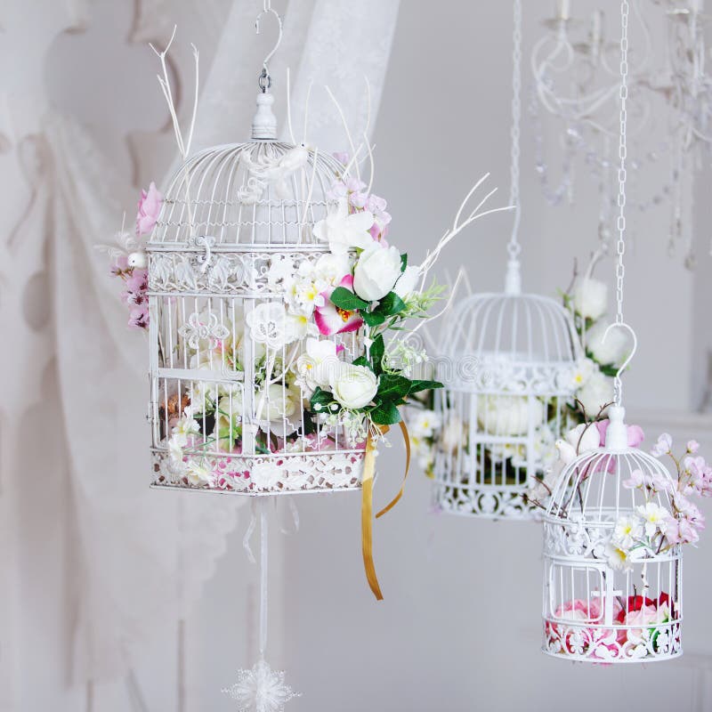 White Decorative Cage with Beautiful Flowers Stock Image - Image of ...