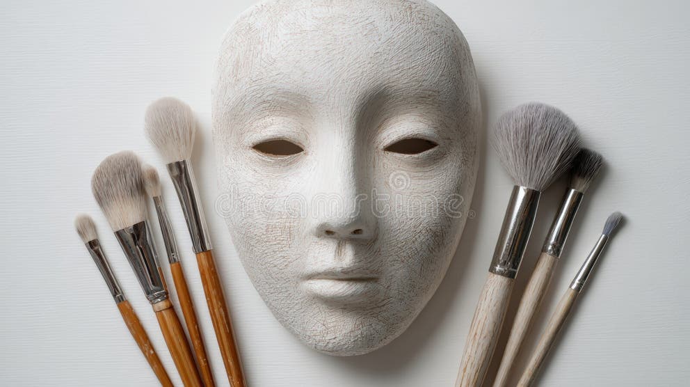 White Decorative Mask with Brushes on White Background Stock ...