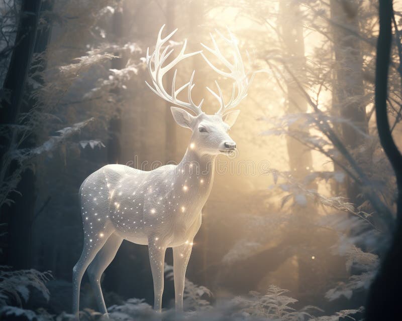 White Deer in Enchanted Forest. Stock Illustration - Illustration of ...