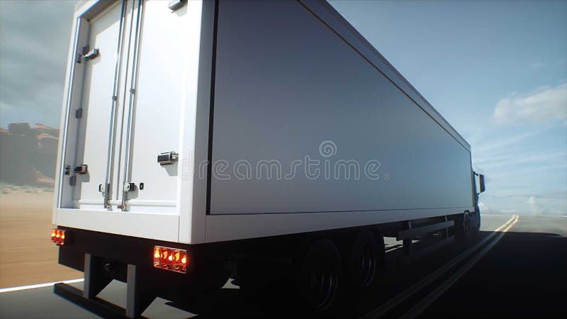 White Delivery Generic Truck on Desert Highway. Very Fast Driving ...