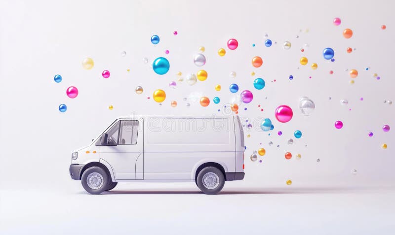 White Delivery Van with Colorful Bubbles Floating Around, Representing ...