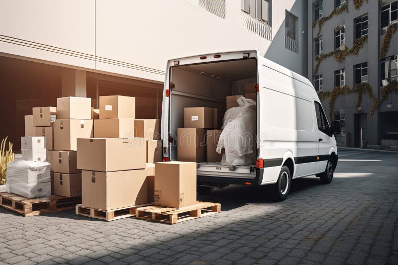 White Delivery Van and Many Different Cardboard Boxes at City Street ...
