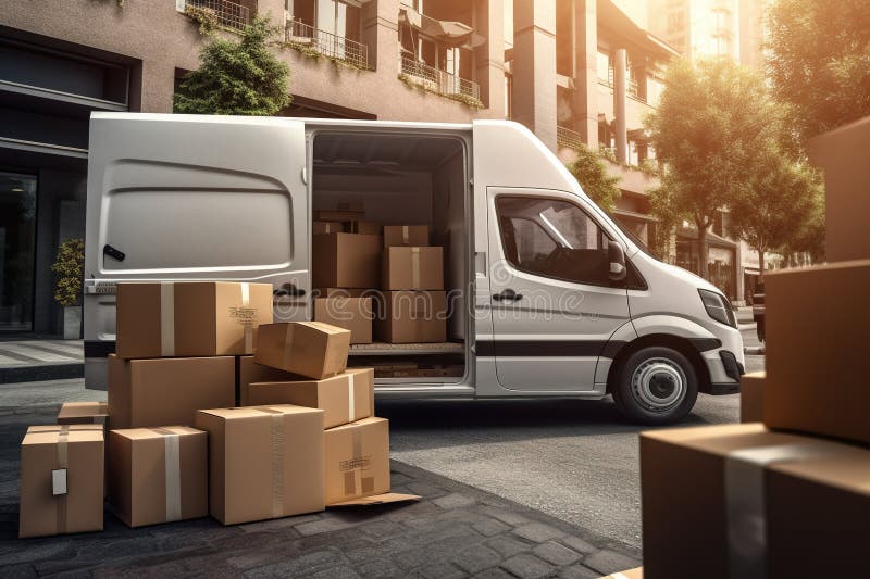 White Delivery Van and Many Different Cardboard Boxes at City Street ...
