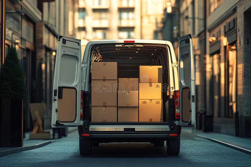 White Delivery Van with Open Doors with Cardboard Boxes on the Street ...