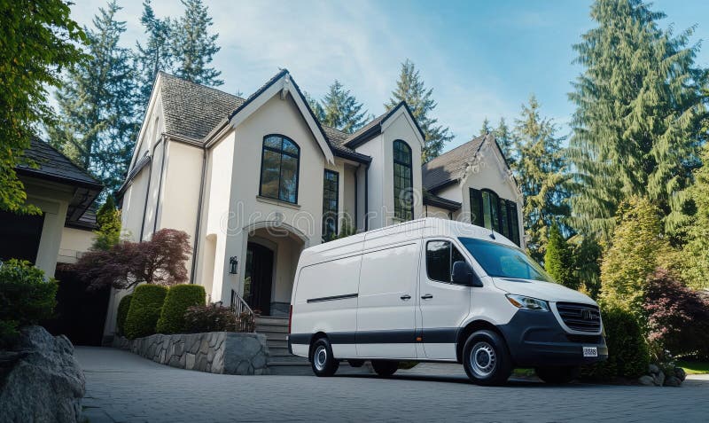 White Delivery Van Parked in Front of Modern House, Lush Greenery ...