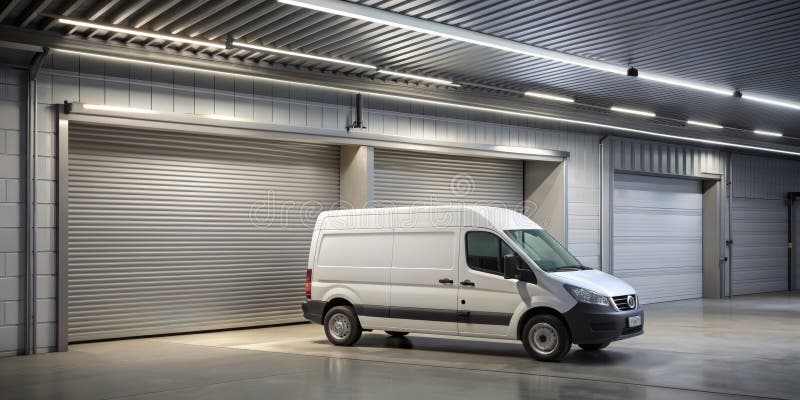 White Delivery Van Parked in Garage, 3D Render, Delivery Truck, Garage ...