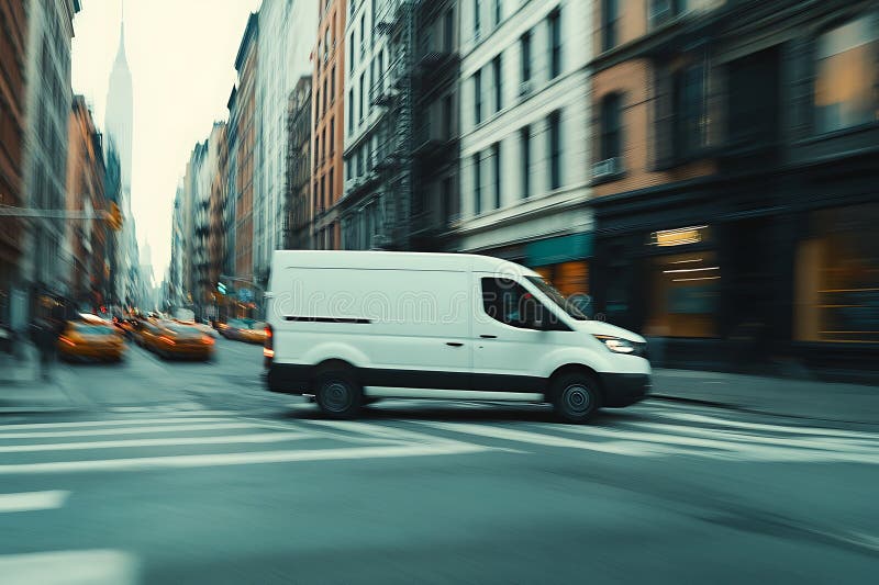 White Delivery Van Speeding through City Street Stock Illustration ...