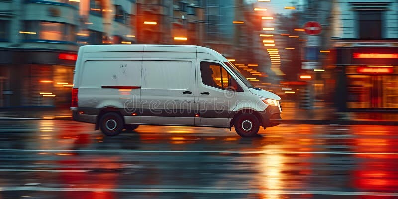 A White Delivery Van Speeds Down a Highway Symbolizing Efficient Urban Logistics and Express ...