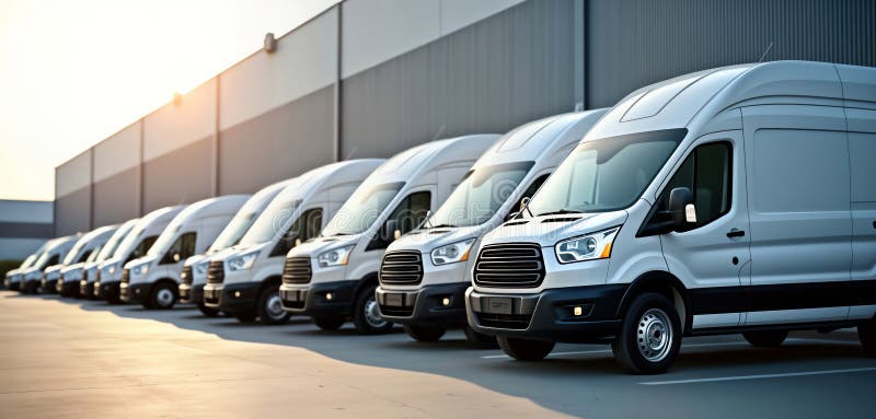 White Delivery Vans Parked in Rows at Distribution Warehouse. Logistics ...
