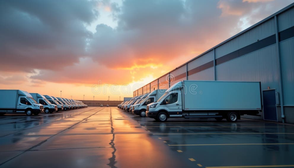 White Delivery Vans Parked in Rows at Warehouse Facility during Sunset ...