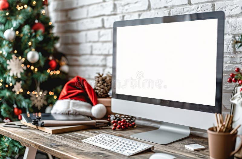 Christmas Desk with Computer and Santa Hat Stock Photo - Image of white ...