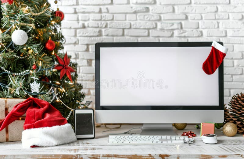 Christmas Desk with Computer and Santa Hat Stock Image - Image of ...