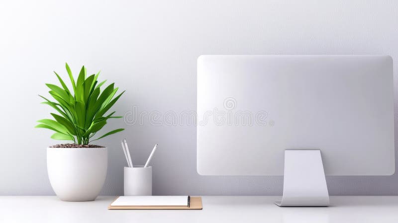 A White Desk with a Computer Monitor, Mouse and Plant, AI Stock Image ...