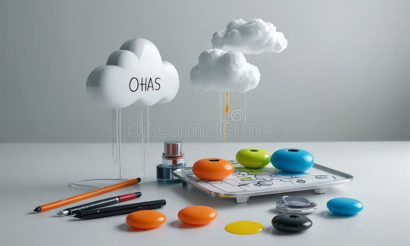 White Desk Holds Collection Objects, Including Cloud-shaped Object with ...