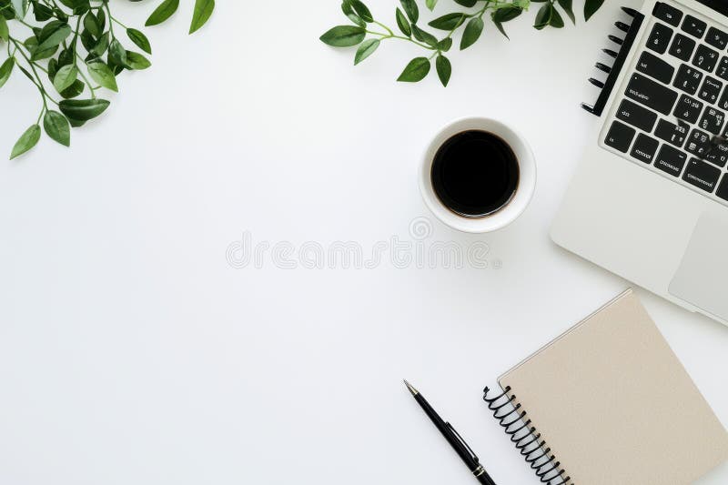 White Desk with Laptop, Coffee, Notebook, and Pen Stock Illustration ...