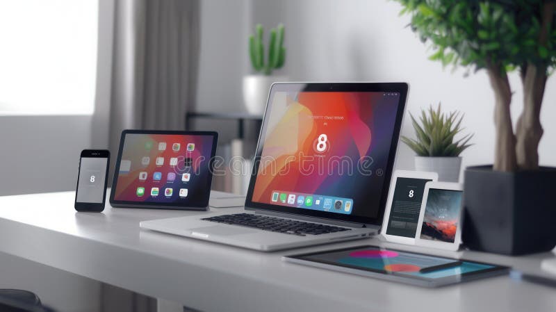 A White Desk with a Modern Laptop, Tablet, and Phone, All Displaying ...