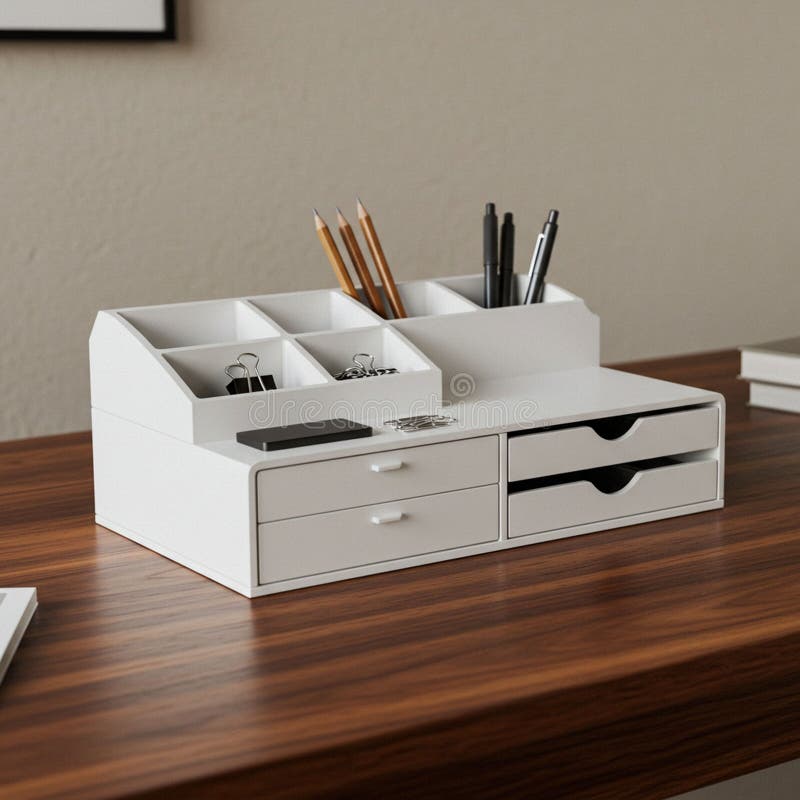 White Desk Organizer with Multiple Compartments and Drawers Sits on a ...